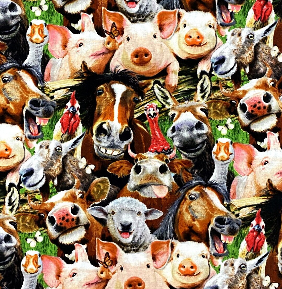 Eob~elizabeths Studio~farm Selfies~farm Animals~green~cotton Fabric by ...