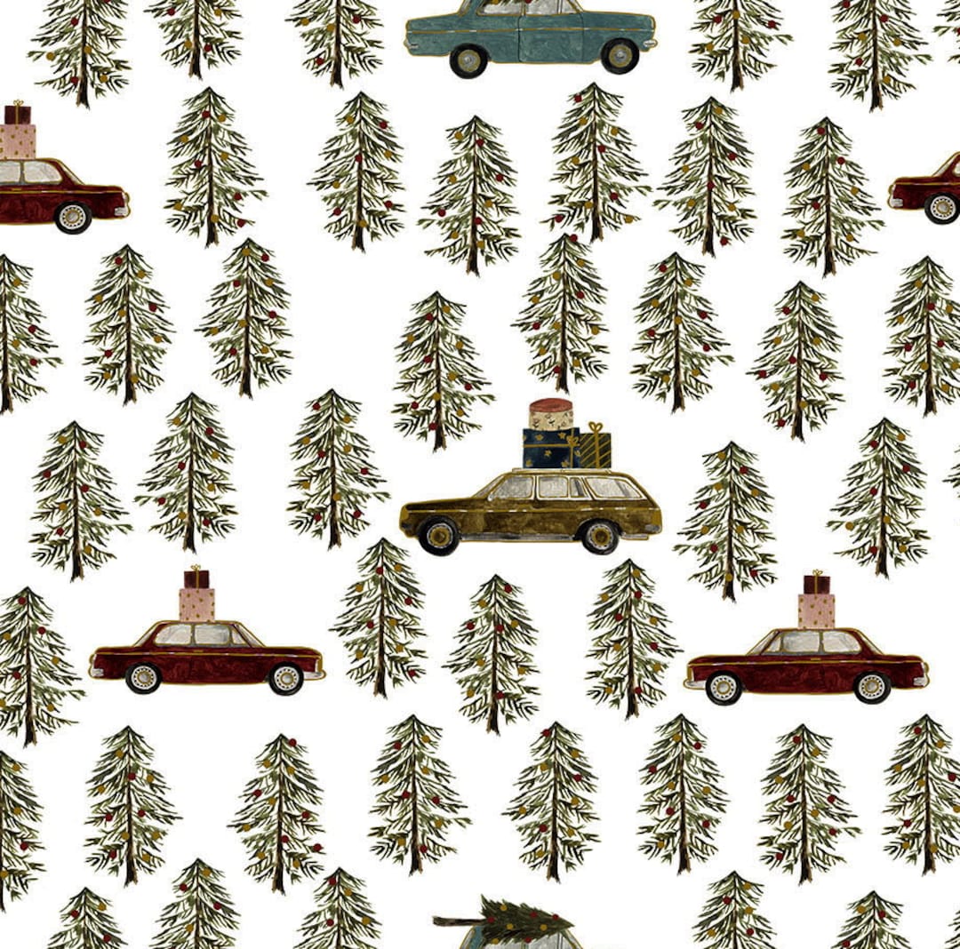 Figo Noel Cars and Trees W/ Metallic Gold White Cotton Fabric by the ...