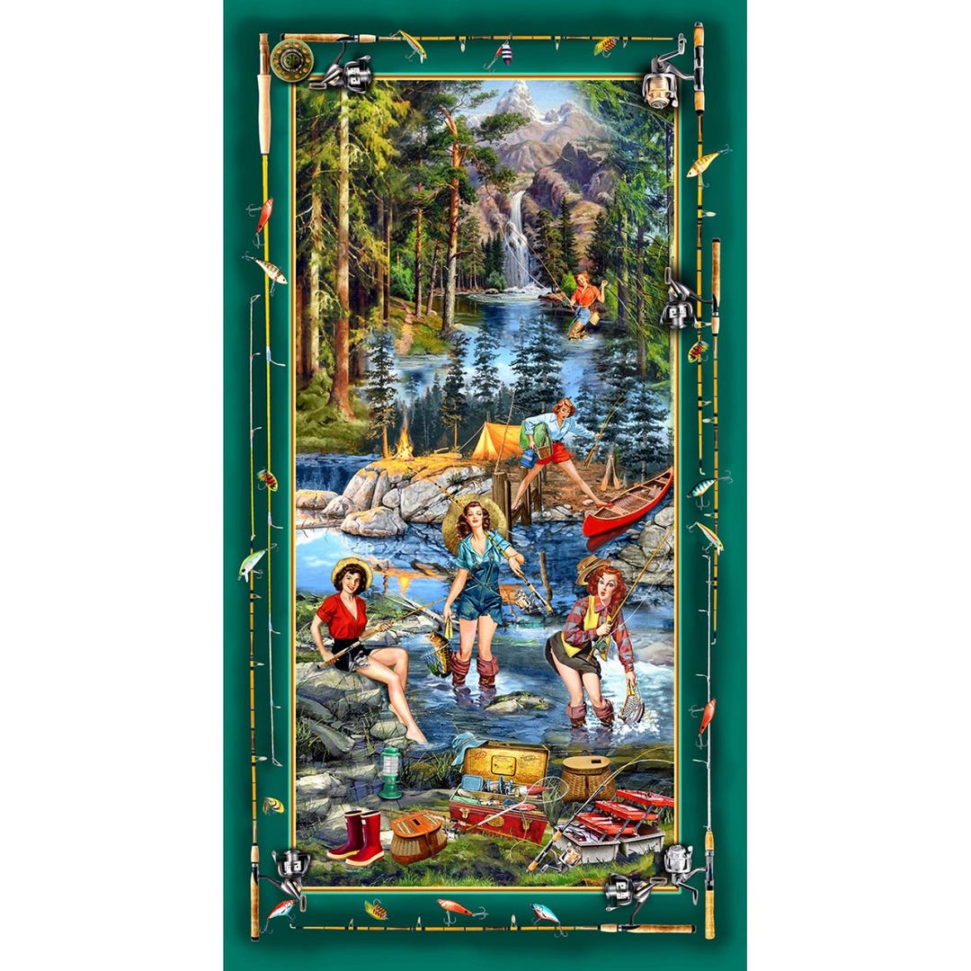 Michael Miller~girls Gone Fishing~24.5" Retro Girls Fishing Panel ...