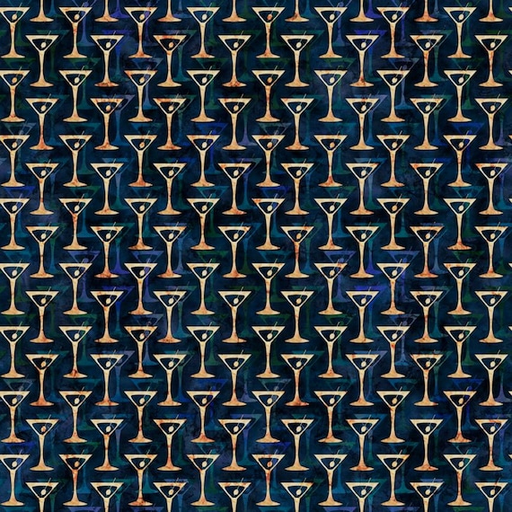 Cocktail Hour Quilting Treasures Drinks Digital Print Navy Cotton ...
