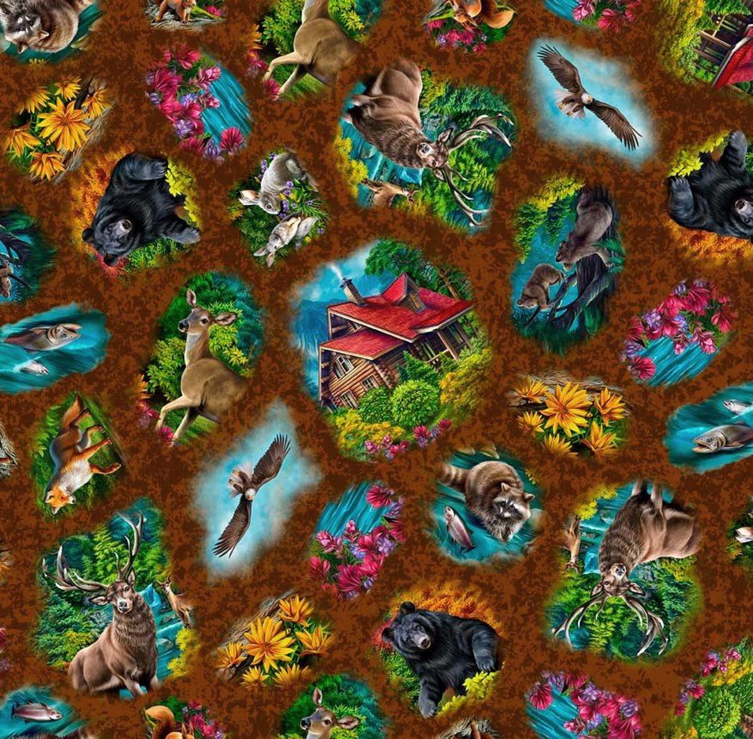 Quilting Treasures Brookside Lodge Animal Vignettes Digital Brown ...