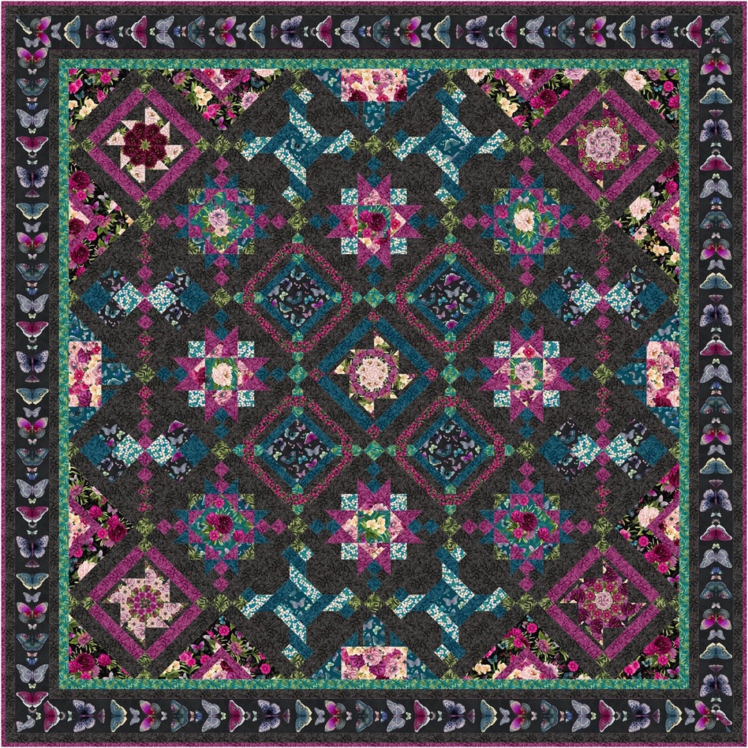 Quilt Kit~midnight Garden~95.5" X 95.5" On-point Jewel Tone Queen Size ...