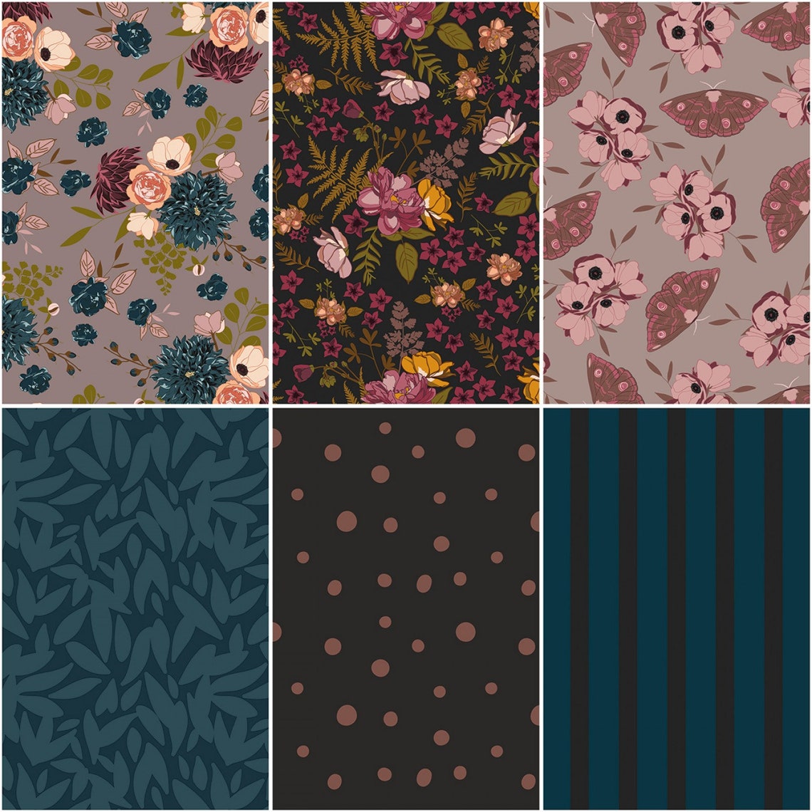 Riley Blake Sonnet Dusk Moths Graphite Cotton Fabric by the Yard or ...