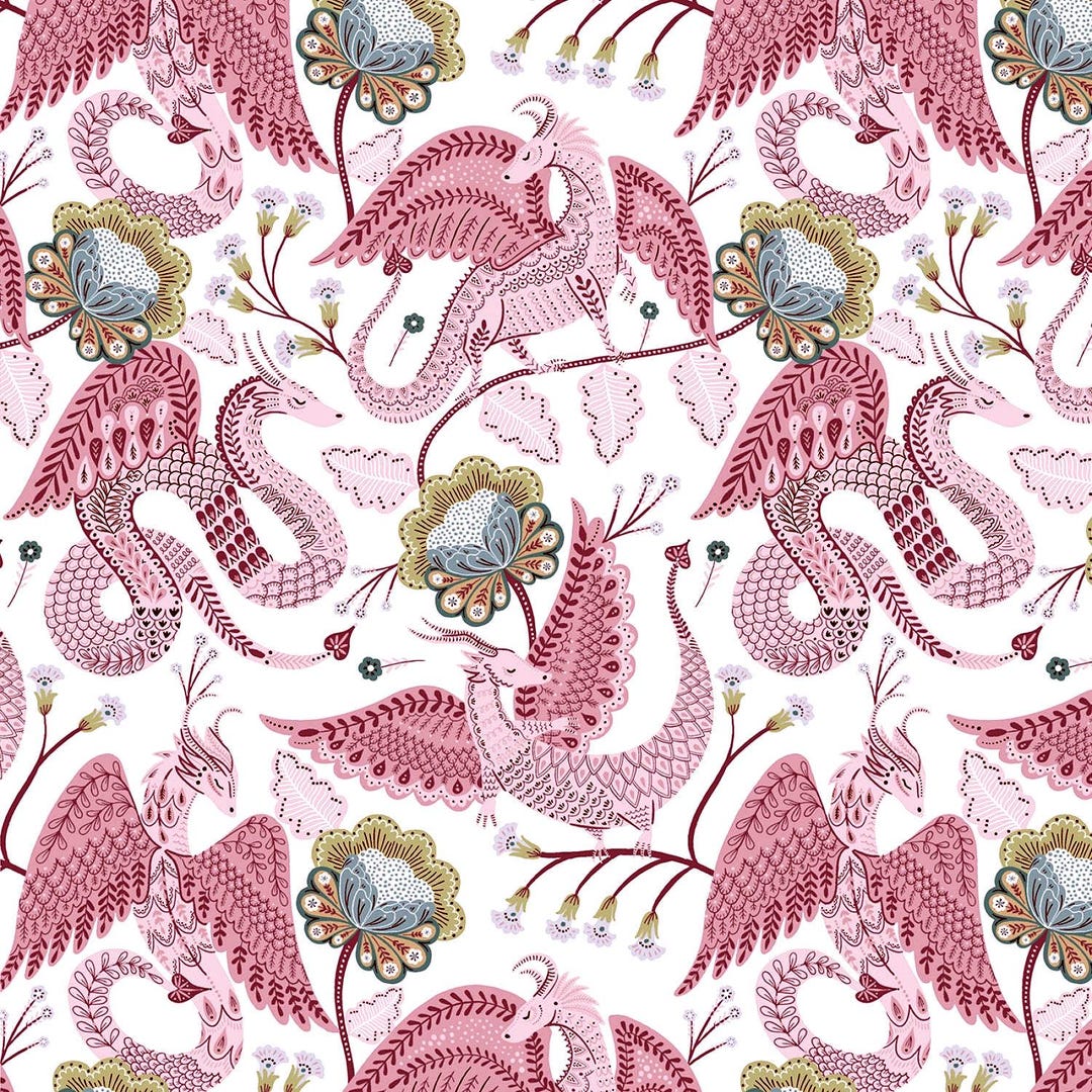P&B Textiles~mystical Kingdom~allover Dragons~white~cotton Fabric by ...