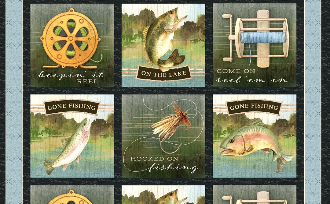 Wilmington Prints~gone Fishing~24" X 43.5" Lake Fishing Block Panel ...