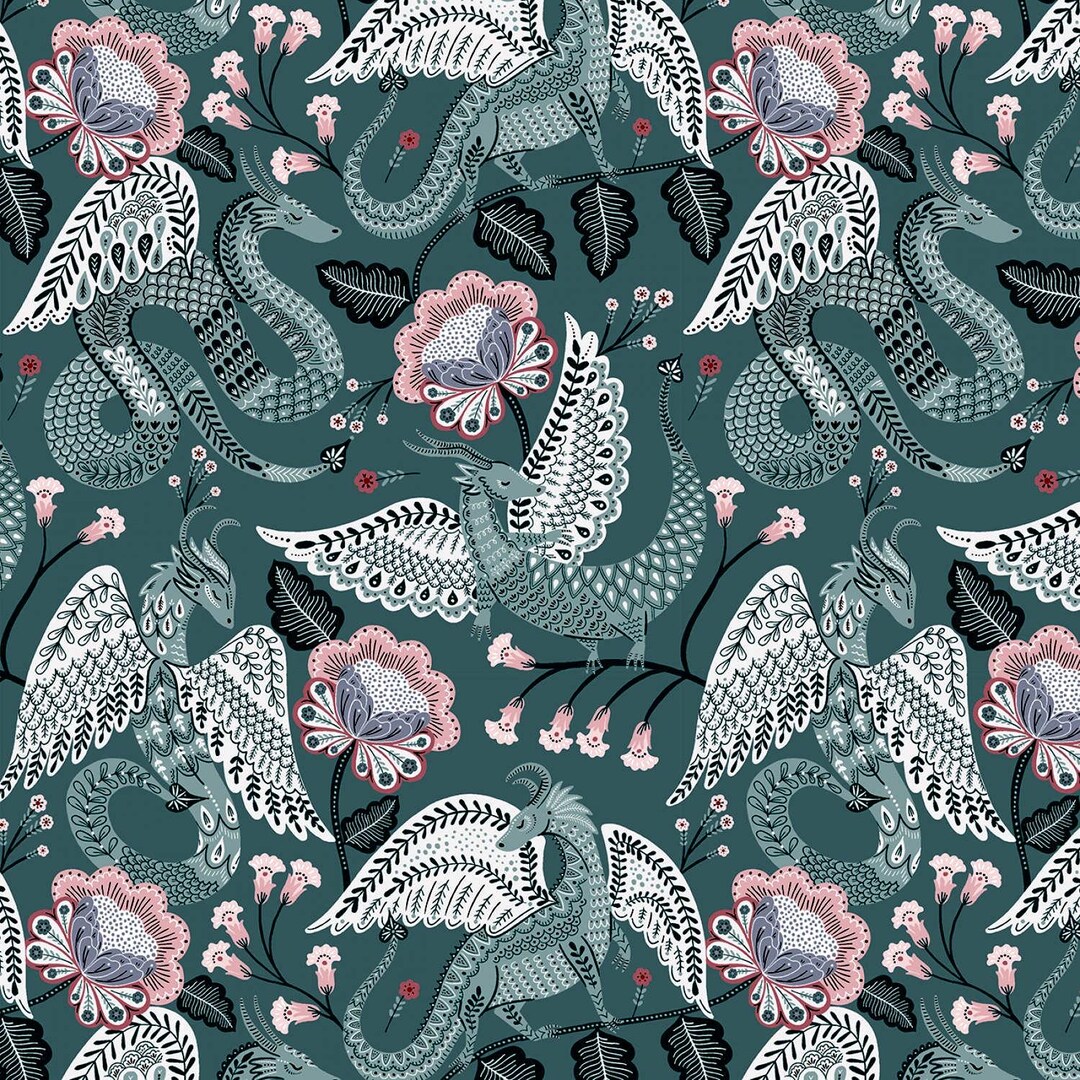 P&B Textiles~mystical Kingdom~allover Dragons~teal~cotton Fabric by the ...