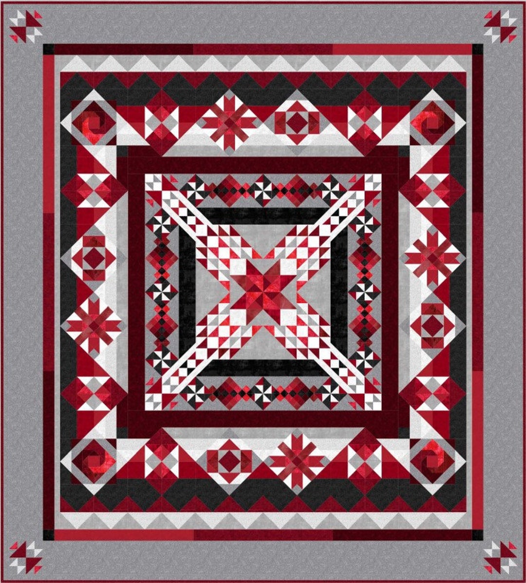 Quilt Kit~crimson Shadows~92" X 102" Red White Gray and Black Queen ...