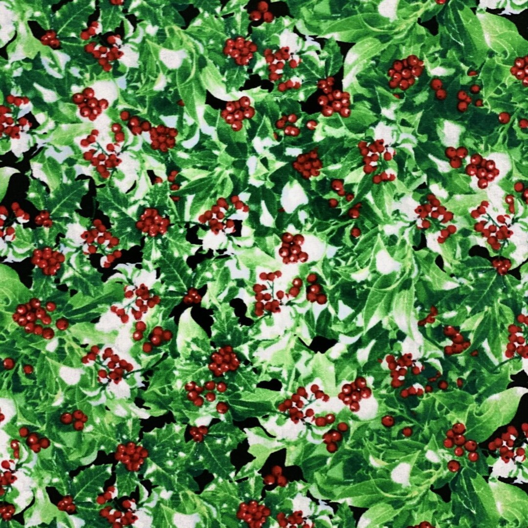 Eob~timeless Treasures~winter Barn~holly & Berries~green~cotton Fabric ...