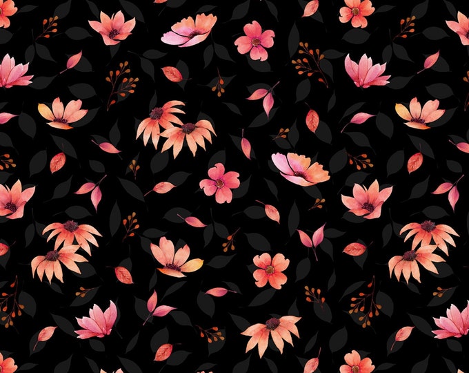 Eob~wilmington Prints~botanical Magic~floral Toss~black~cotton Fabric ...