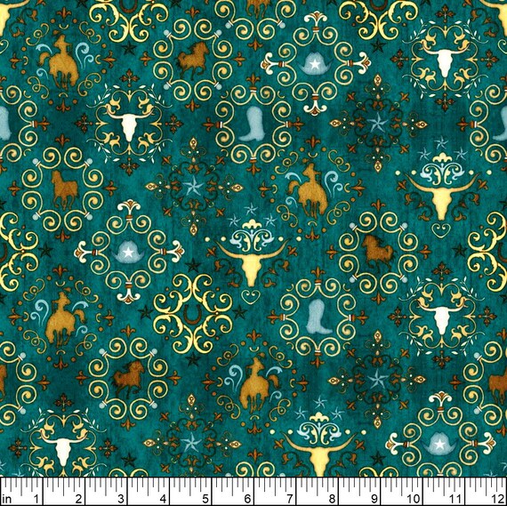 Western fabric Unbridled Western Medallions Dark Teal Quilting ...