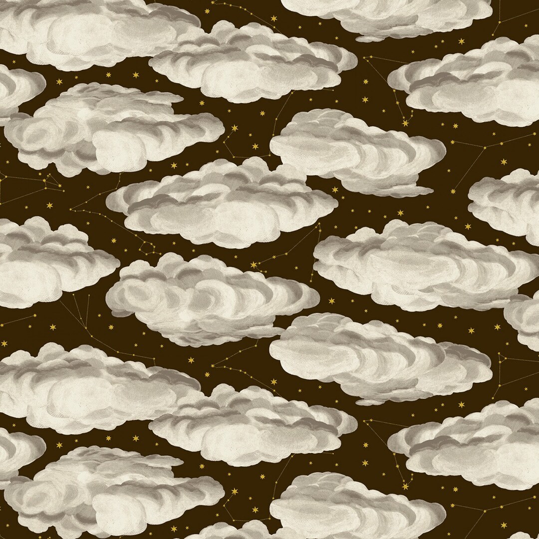Windham~stargazer~clouds W/ Metallic Gold~charcoal~cotton Fabric by the ...