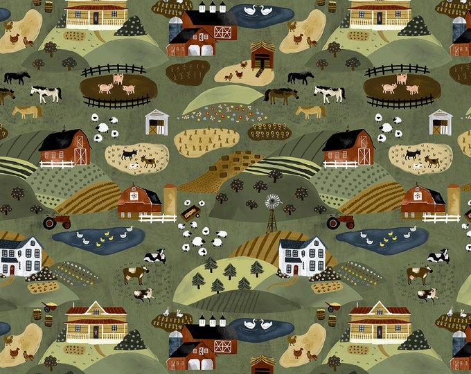 Eob~blank Quilting~farm Country~farm Scenic~light Green~cotton Fabric ...