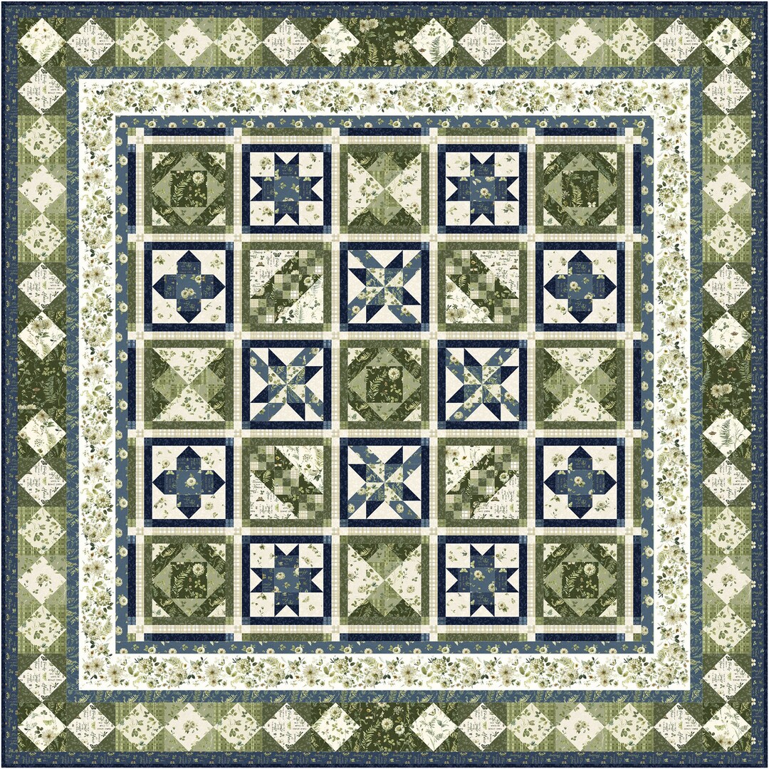 Quilt Kit~green Fields~93" X 93" Green Blue Ivory Floral Queen Size ...