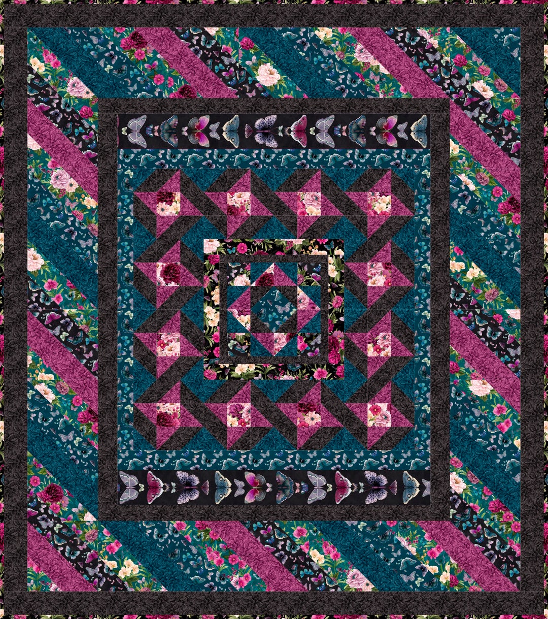 Quilt Kit~midnight Garden~69" X 78" Jewel Tone Throw/twin Size Quilt ...