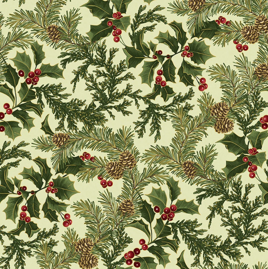 Benartex~winter in the Pines~pine Forest W/ Metallic Gold~light Leaf ...