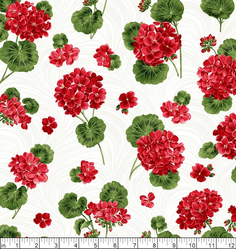 Benartex Bettys Geraniums Geranium Floral White Cotton Fabric by the ...