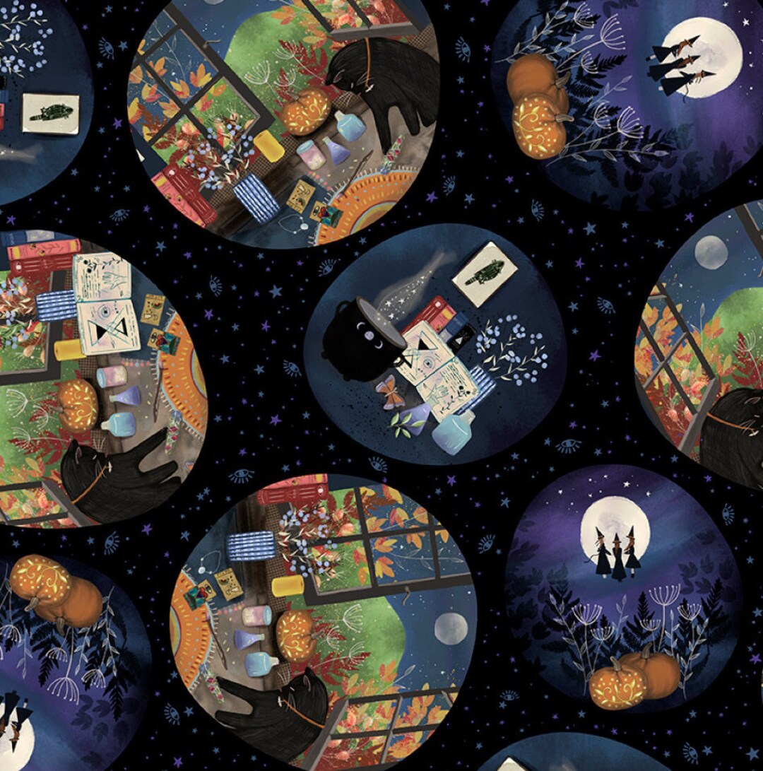P&B Textiles Practical Magic Halloween Scene Toss Black Cotton Fabric ...