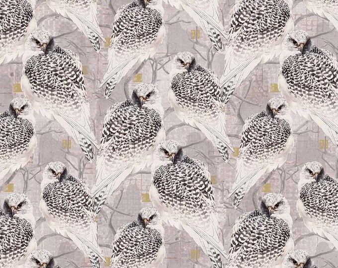 Falcon Fabric - Gyrfalcon by Nouveau Bohemian - Falcon Birds Gray Linen ...