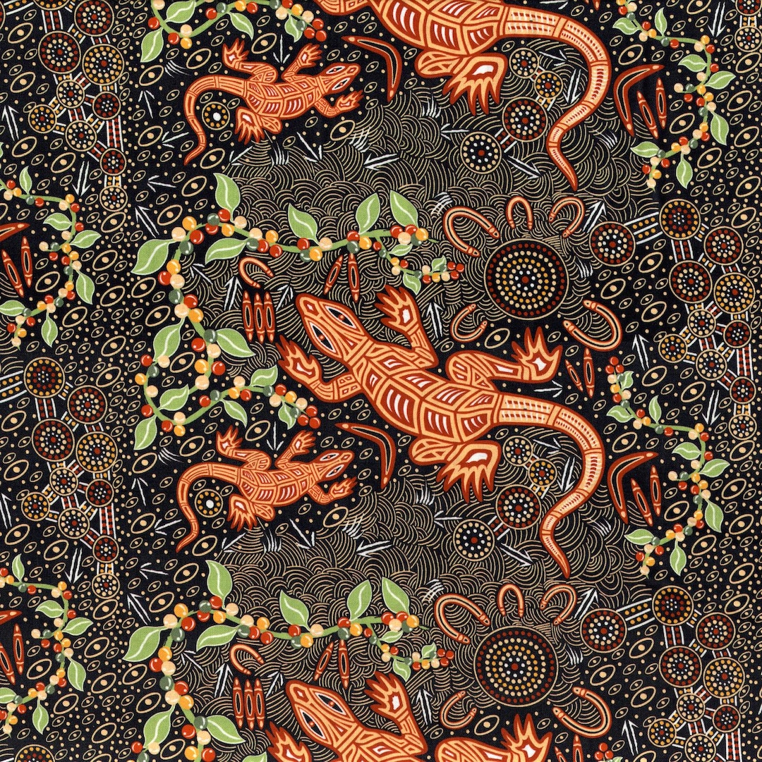 M&S Textiles Aboriginal Man and Goanna by Gary Reid Black Cotton Fabric ...