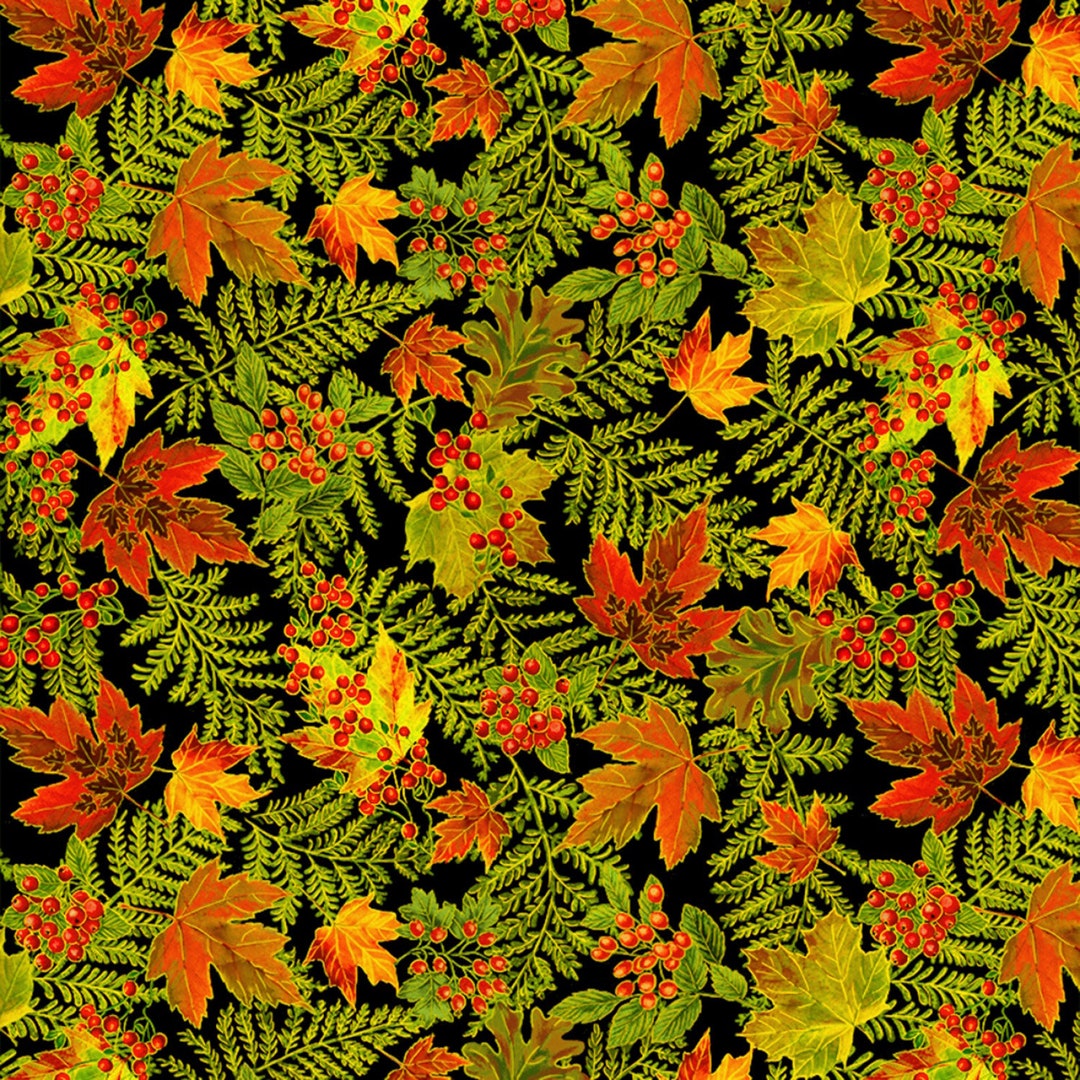 EOB Timeless Treasures Thankful Packed Autumn Leaves W/ Metallic Gold ...
