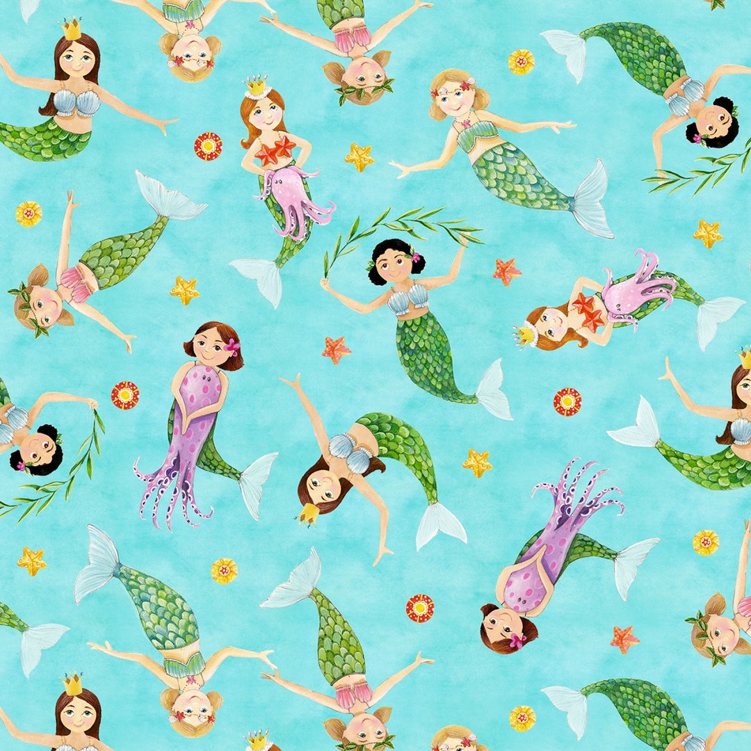 Elizabeth Studios~little Mermaids~mermaid Toss~blue~cotton Fabric by ...