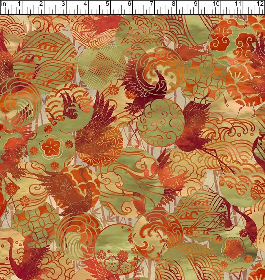 In the Beginning Oriental Gardens Emblems Red Cotton Fabric by the Yard ...