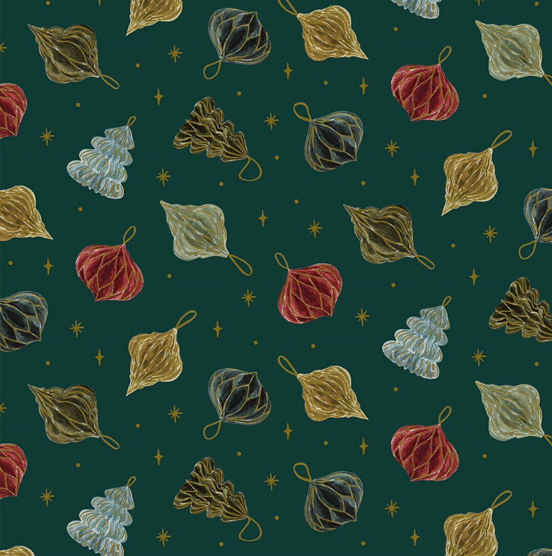 Figo Noel Ornament Toss W/ Metallic Gold Green Cotton Fabric by the ...