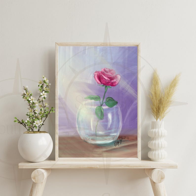 Single Rose Drawing in Glass Vase Digital Artwork Minimalist and ...