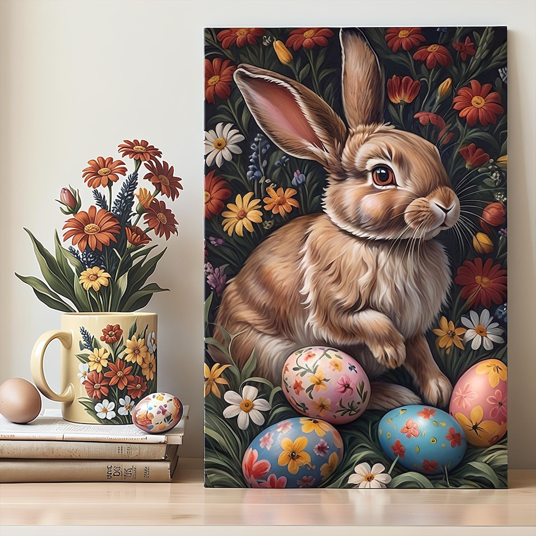 Easter Bunny Oil Painting,spring Garden Rabbit Art With Flowers and ...