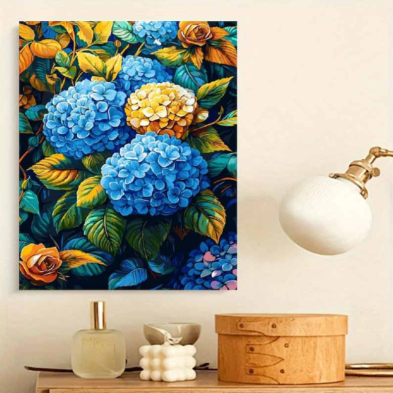 Paint by Numbers Kit for Adults, Blue Gold Hydrangeas Acrylic Paint ...
