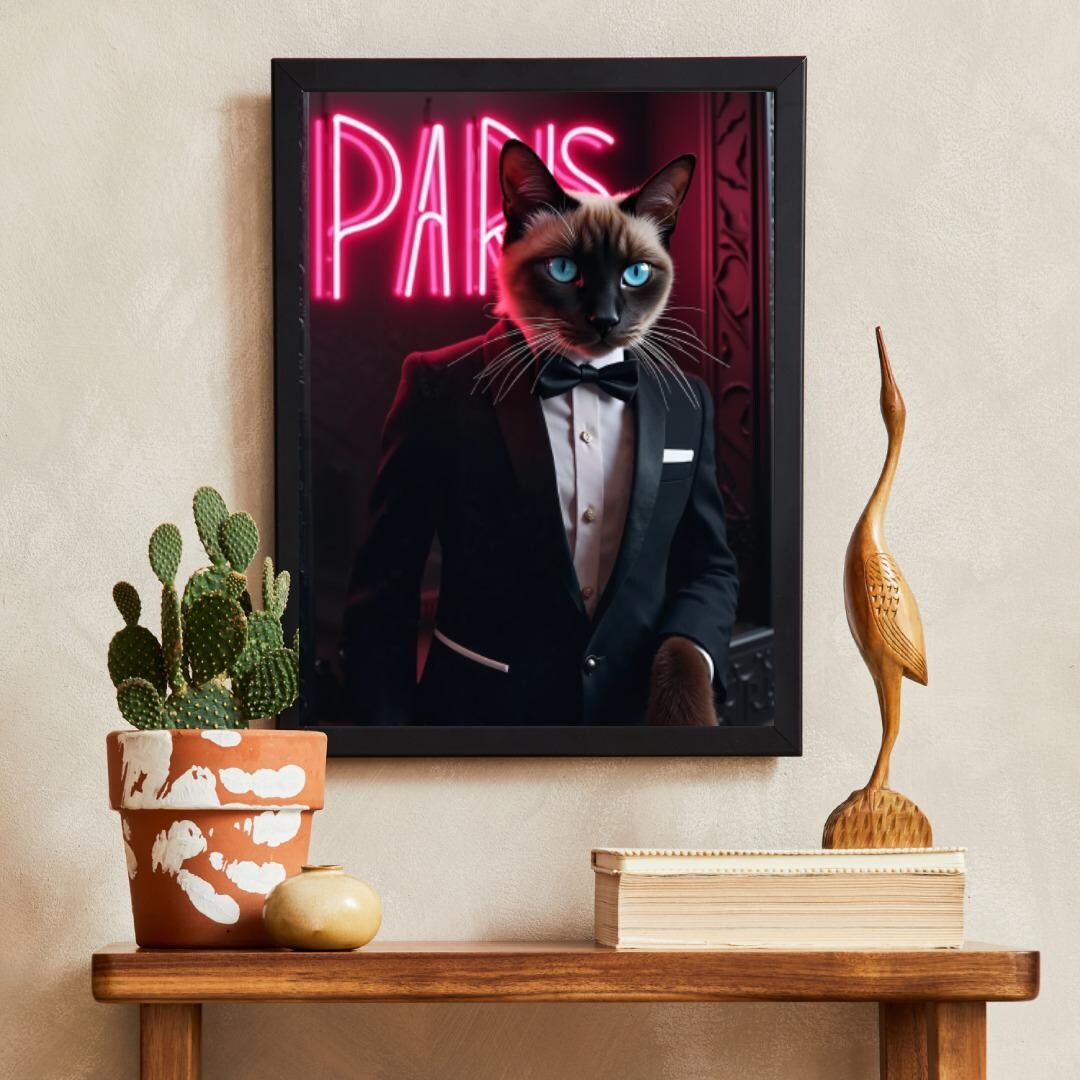 Siamese Cat in Paris Poster, Dapper Cat Art, Tuxedo Cat Print, Pet ...