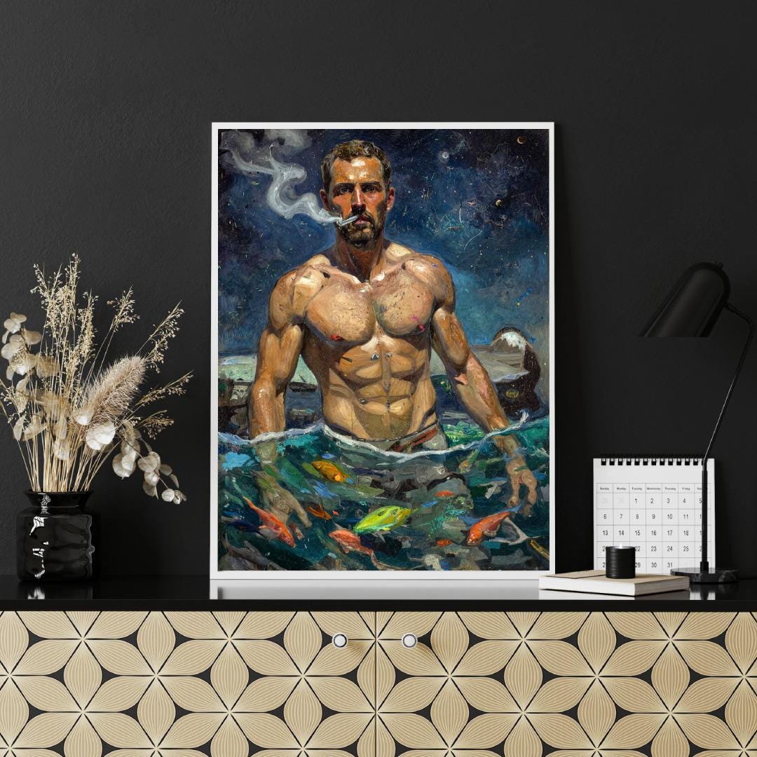 Manly Fisherman Art Poster, Shirtless Man Print, Abs Painting, Ocean ...