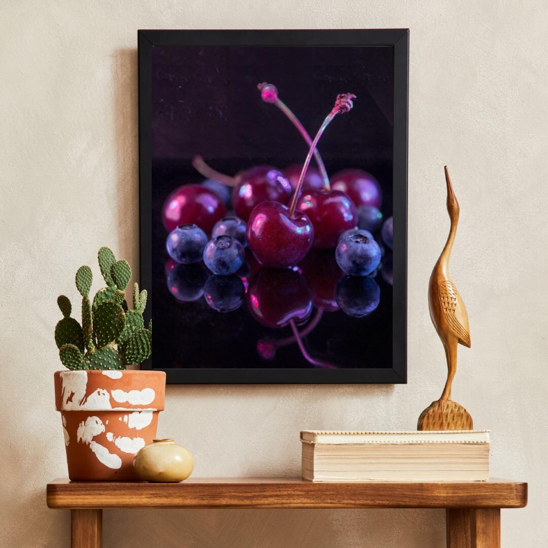Cherry and Blueberry Poster, Dark Food Photography Print, Berry Still ...