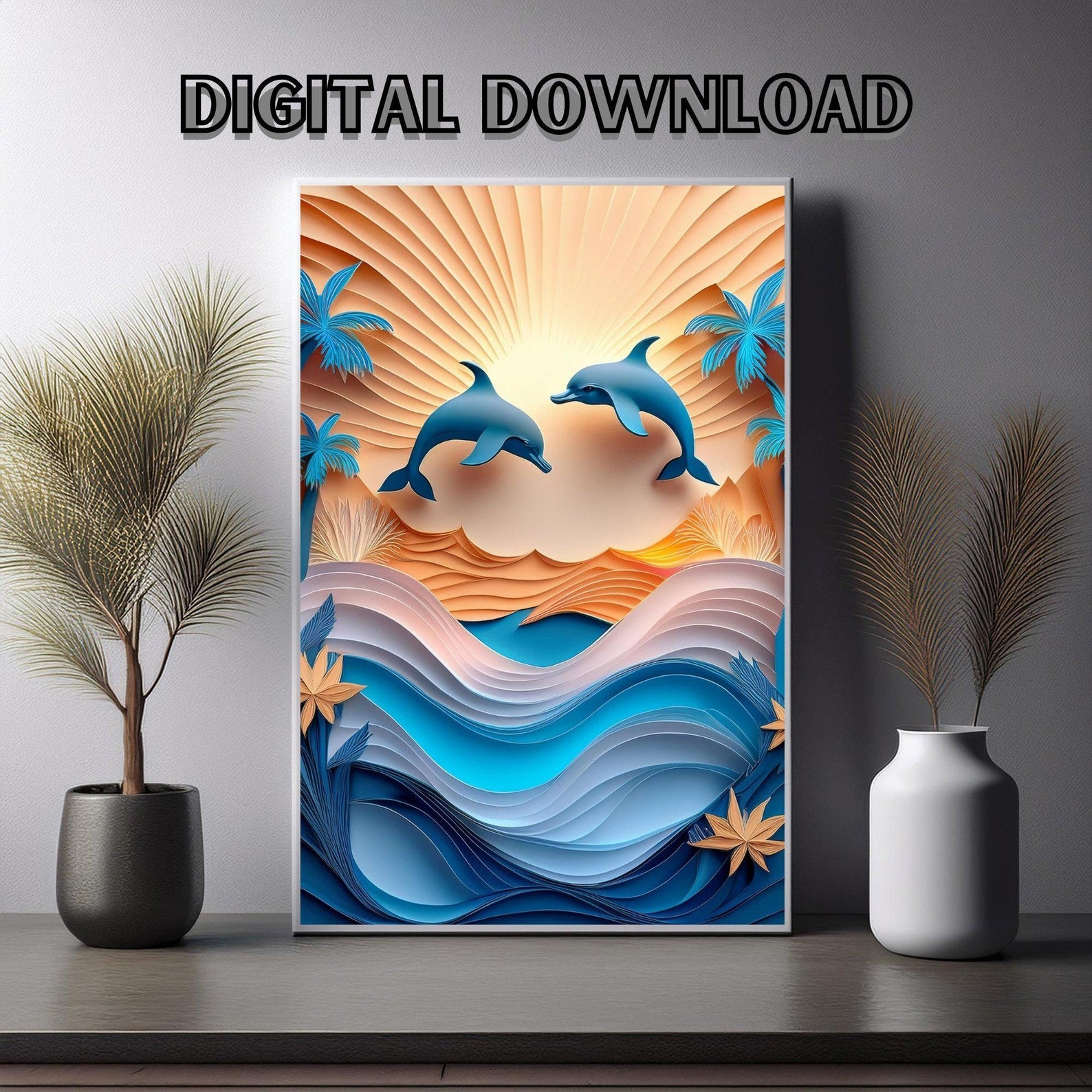 Printable Geometric Swimming Dolphins Painting | Modern Dolphin Wall ...
