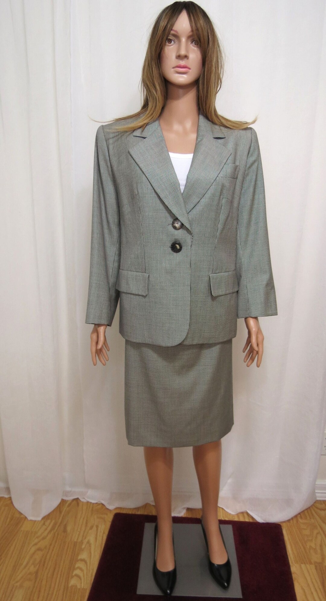 Yves Saint Laurent Rive Gauche Wool Micro Check Skirt Suit Size 46 US L ...