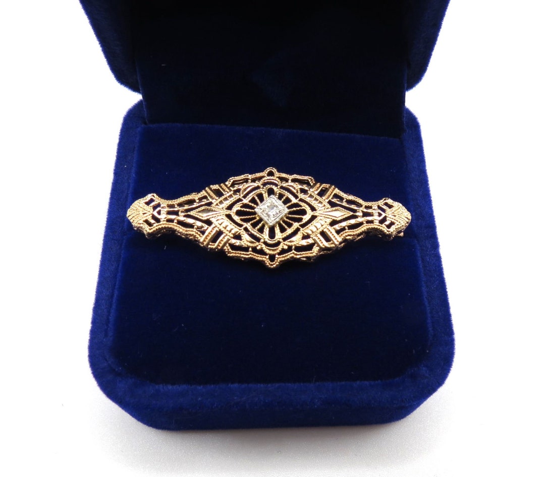 Antique Art Deco 14k Gold and Diamond Brooch - Etsy