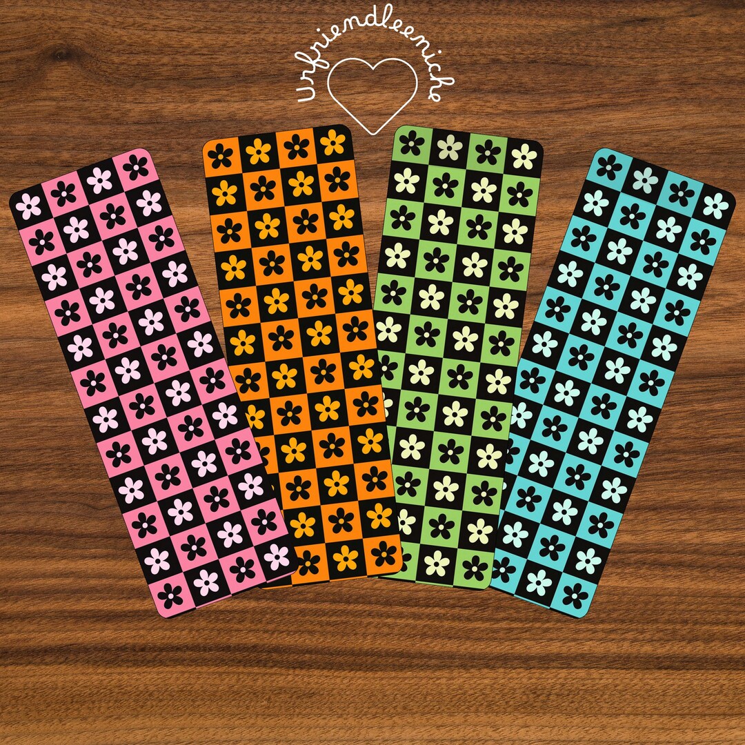 Retro Flower Power Bookmarks | 2x7 Inch Laminated Aesthetic Checkered ...