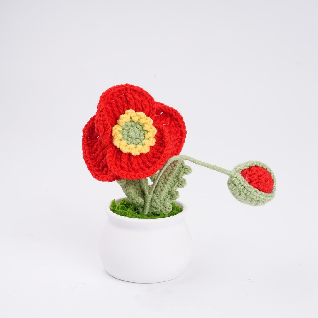 Crochet Red Poppy in Pot,mini Flower in Pot,handmade Flower Desk ...