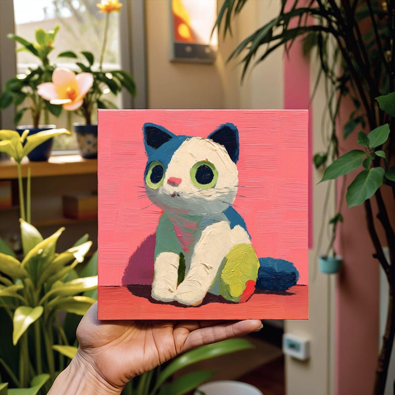 Cute Blue & White Cat Gouache Print – Children’s Book Style Full-body ...