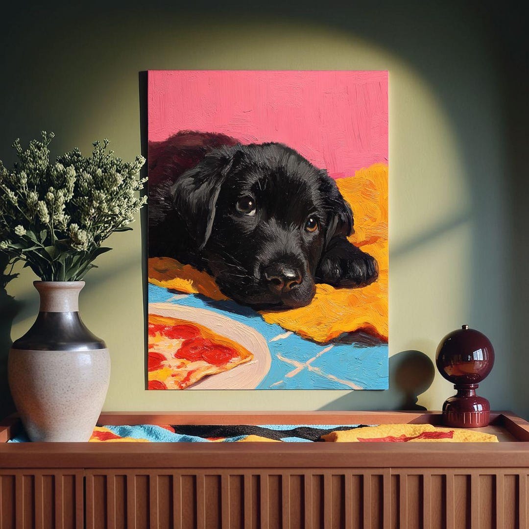 High Detail Black Labrador Puppy Pizza Oil Painting – Close-up With ...