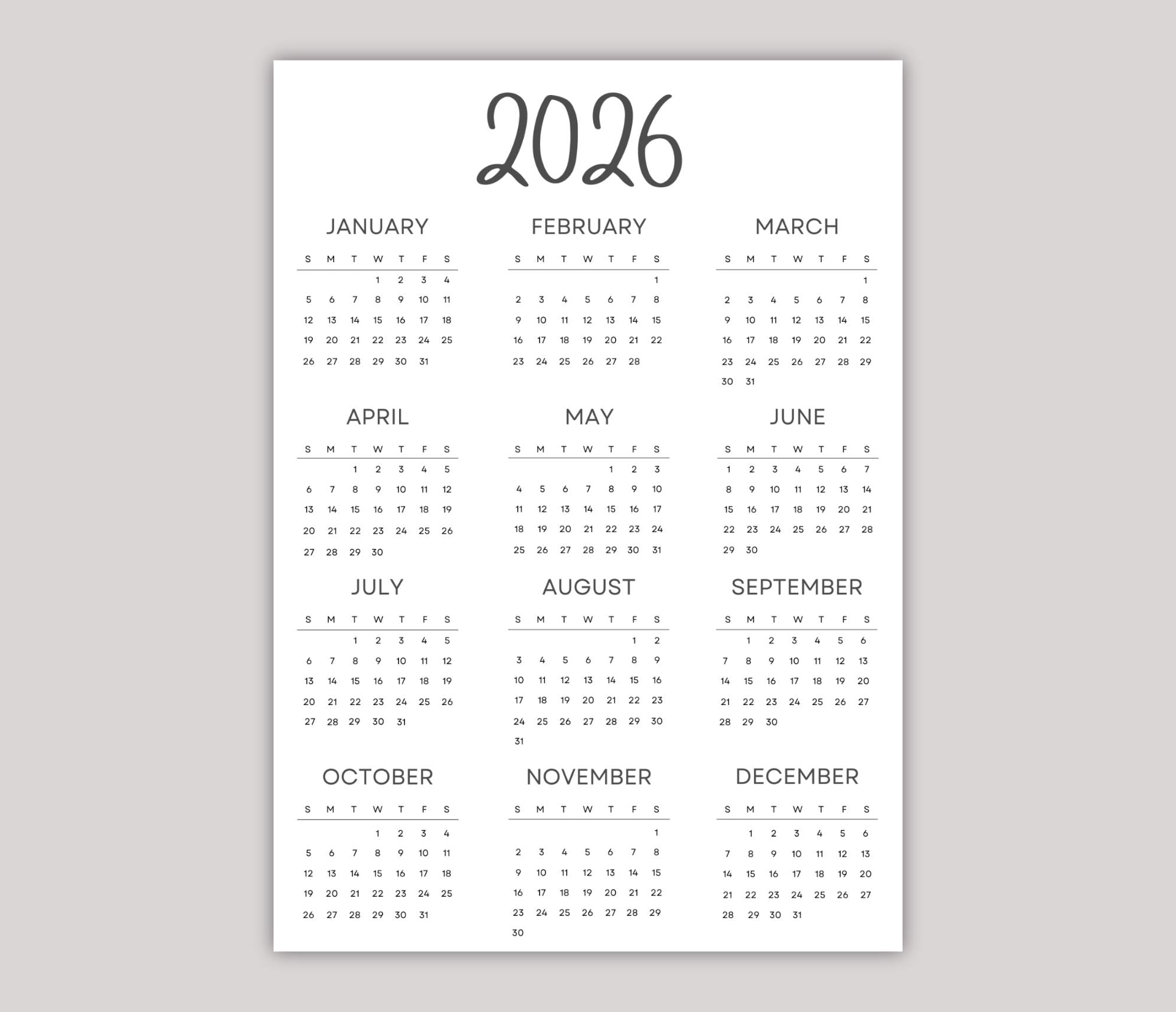 2026 Yearly Calendar, Printable Wall Planner (a4/a5/letter) - Etsy