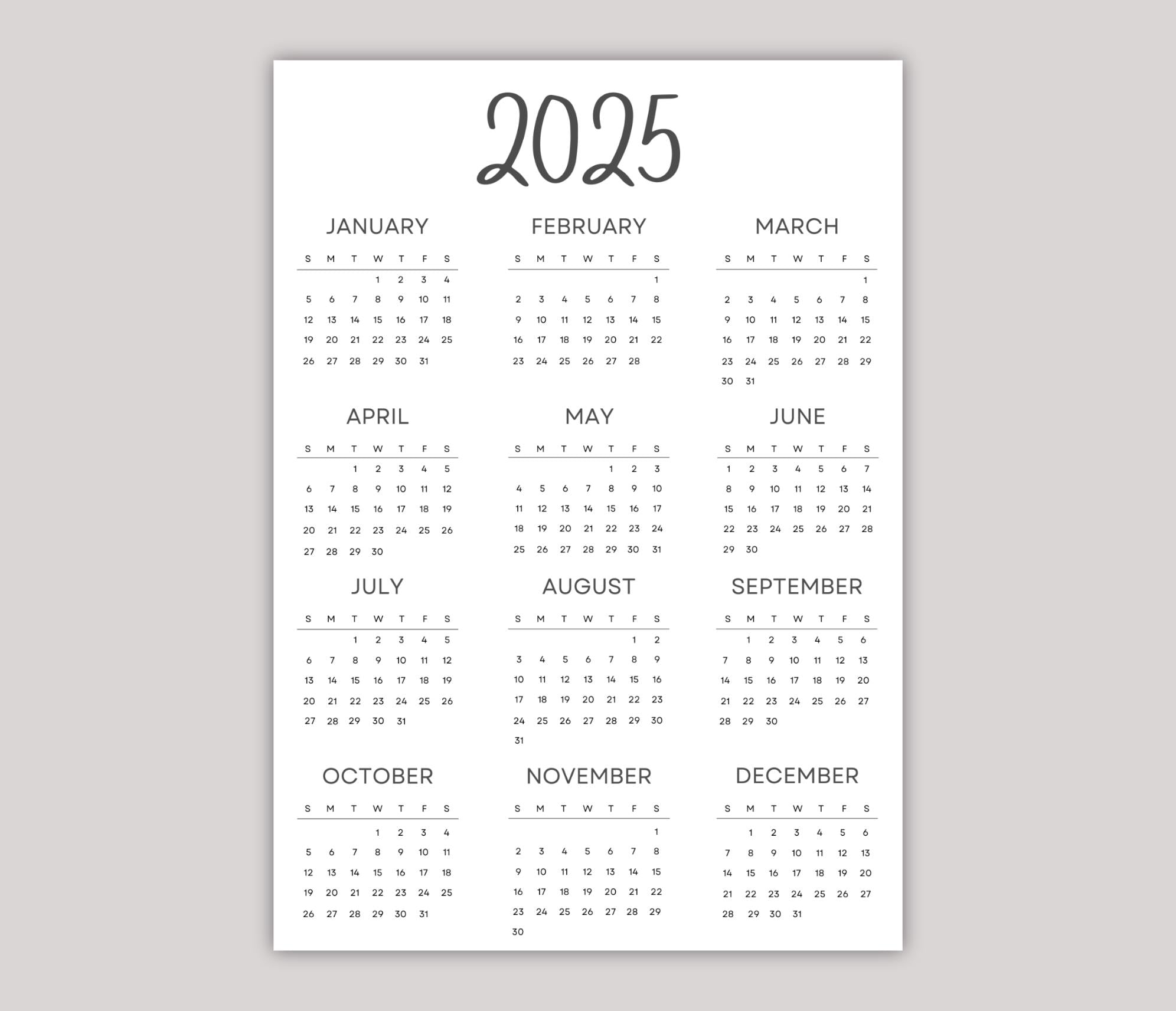 2025 Year Planner Printable, Yearly Calendar (A4, A5, Letter) - Etsy