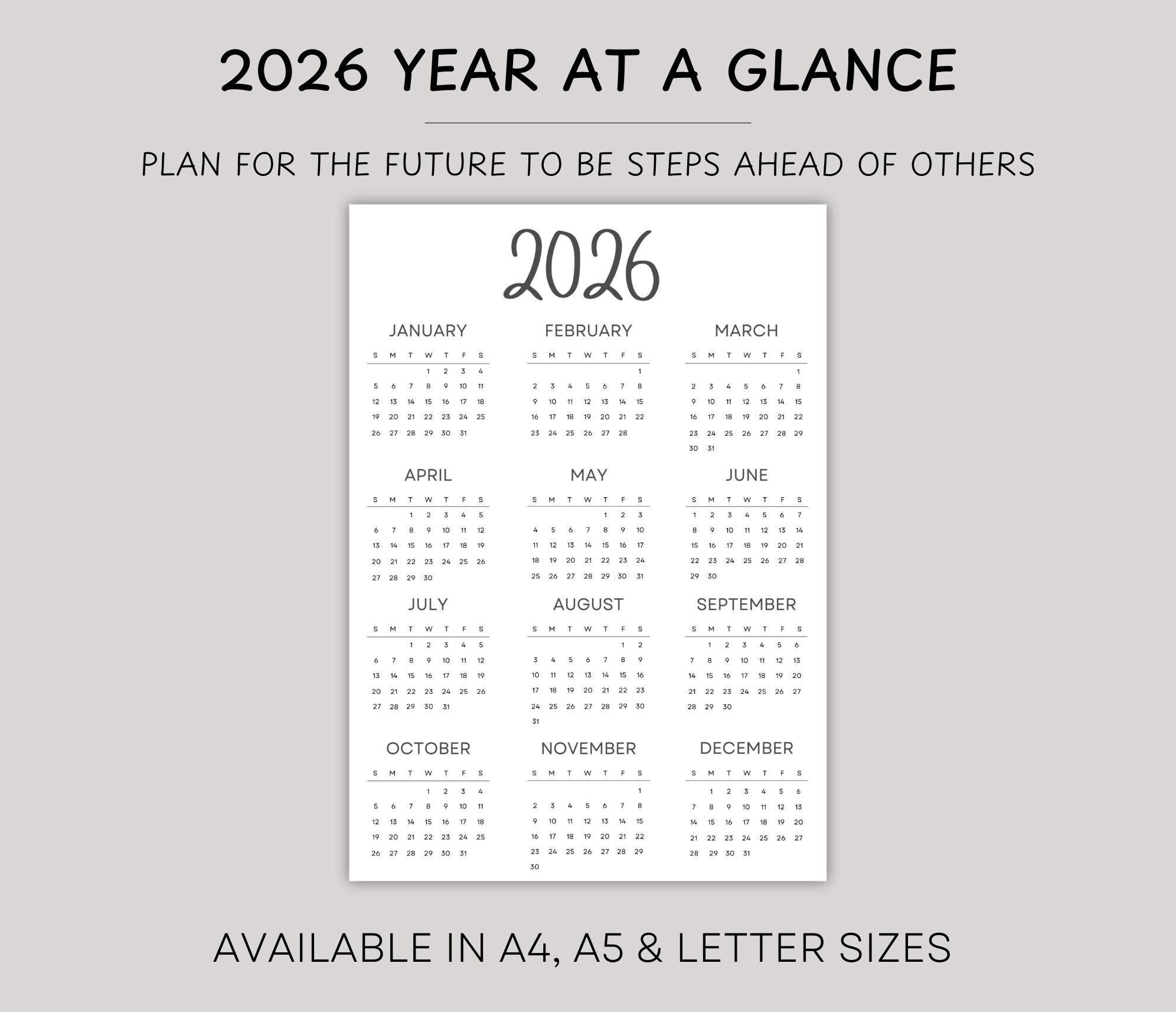 2026 Yearly Calendar, Printable Wall Planner (a4/a5/letter) - Etsy