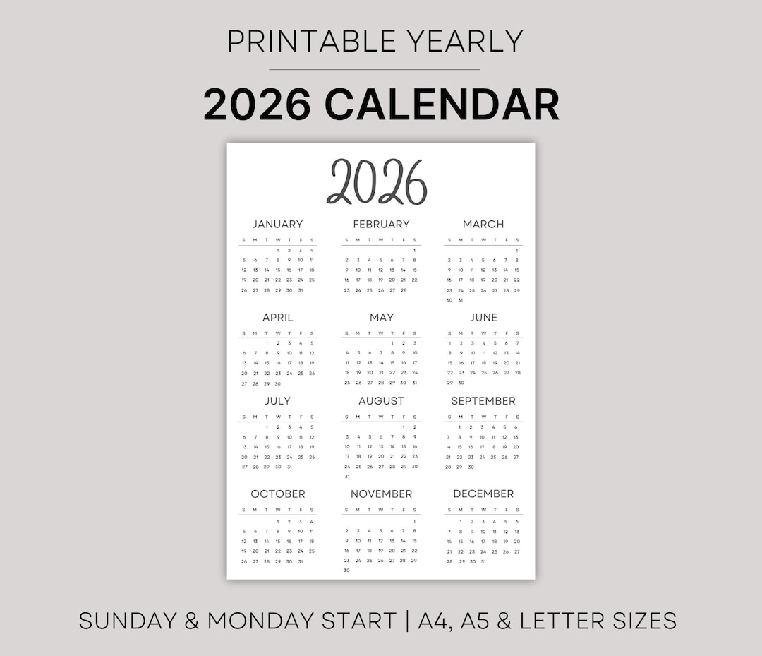 2026 Planner, Printable Calendar, 2026 Calendar, Year at a Glance, 2026 ...