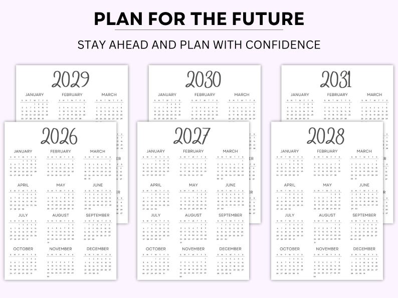 2026-2031 Yearly Calendar Printable, Printable Calendar Template, Wall ...