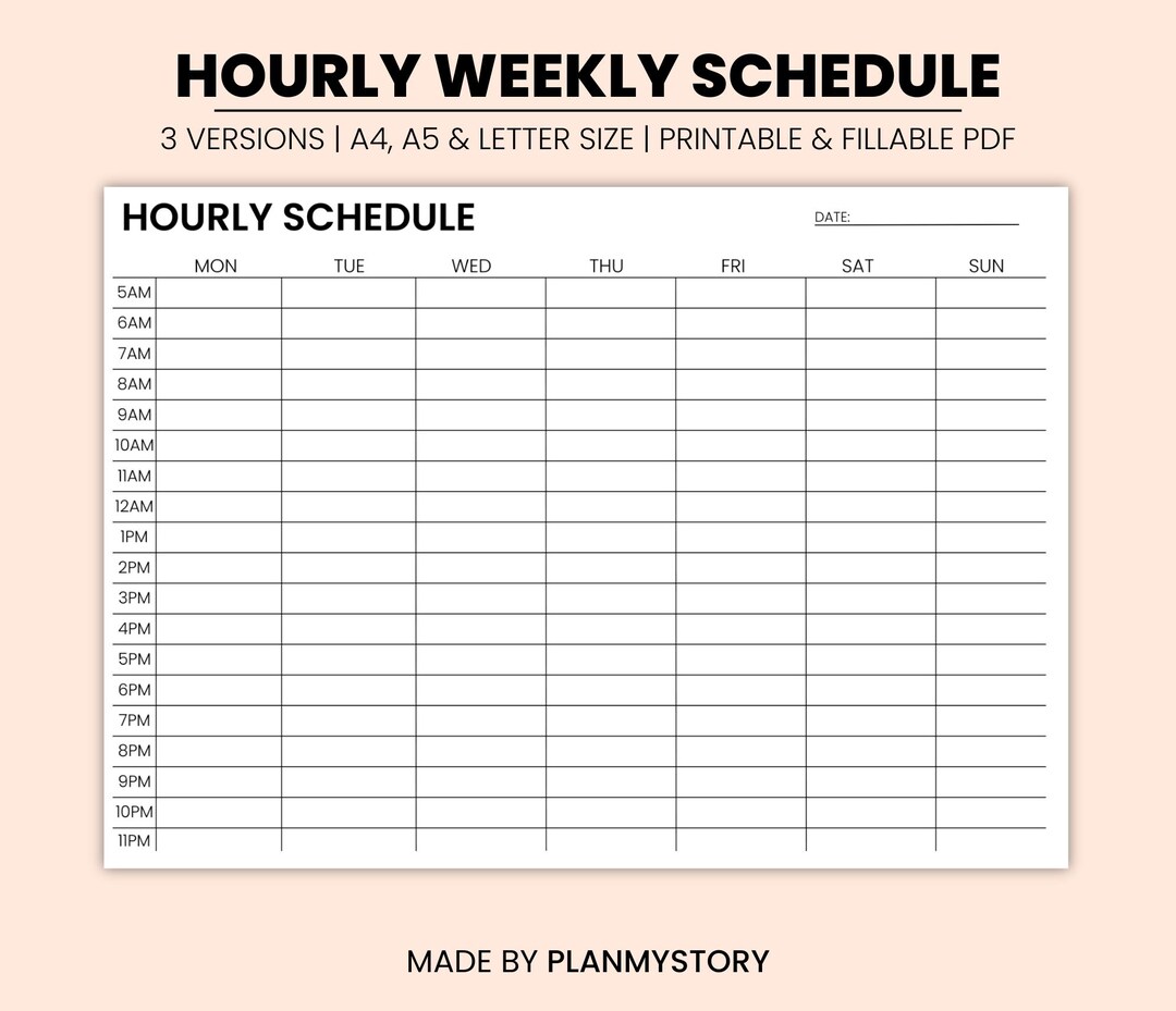 Hourly Weekly Schedule, Printable Planner Template (a4/a5/letter) - Etsy
