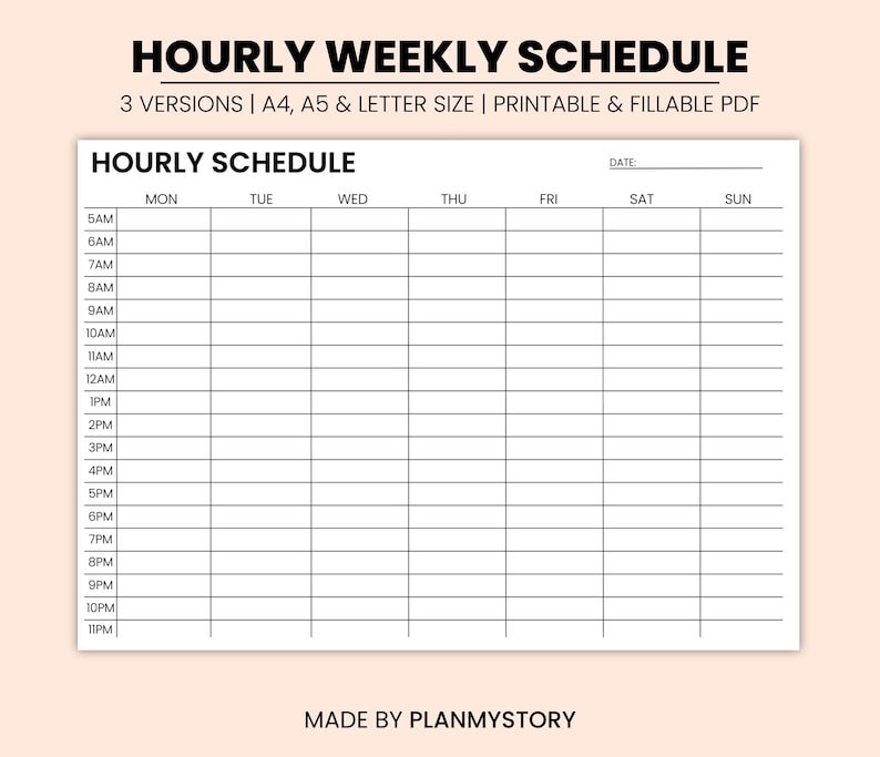 Hourly Weekly Schedule, Printable Planner Template (a4/a5/letter) - Etsy