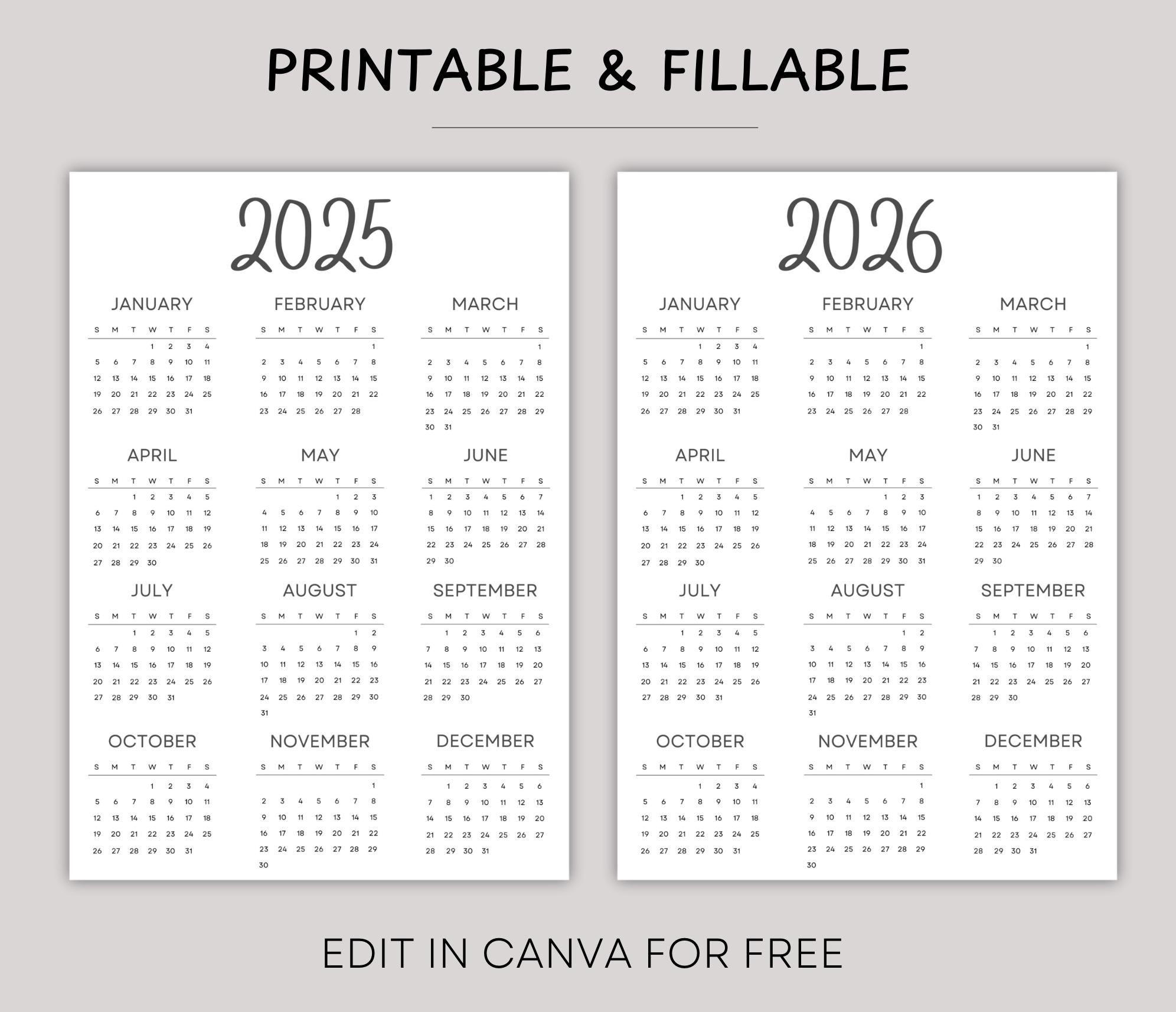 2025-2026 Yearly Calendar, A4/a5/letter (instant Download) - Etsy
