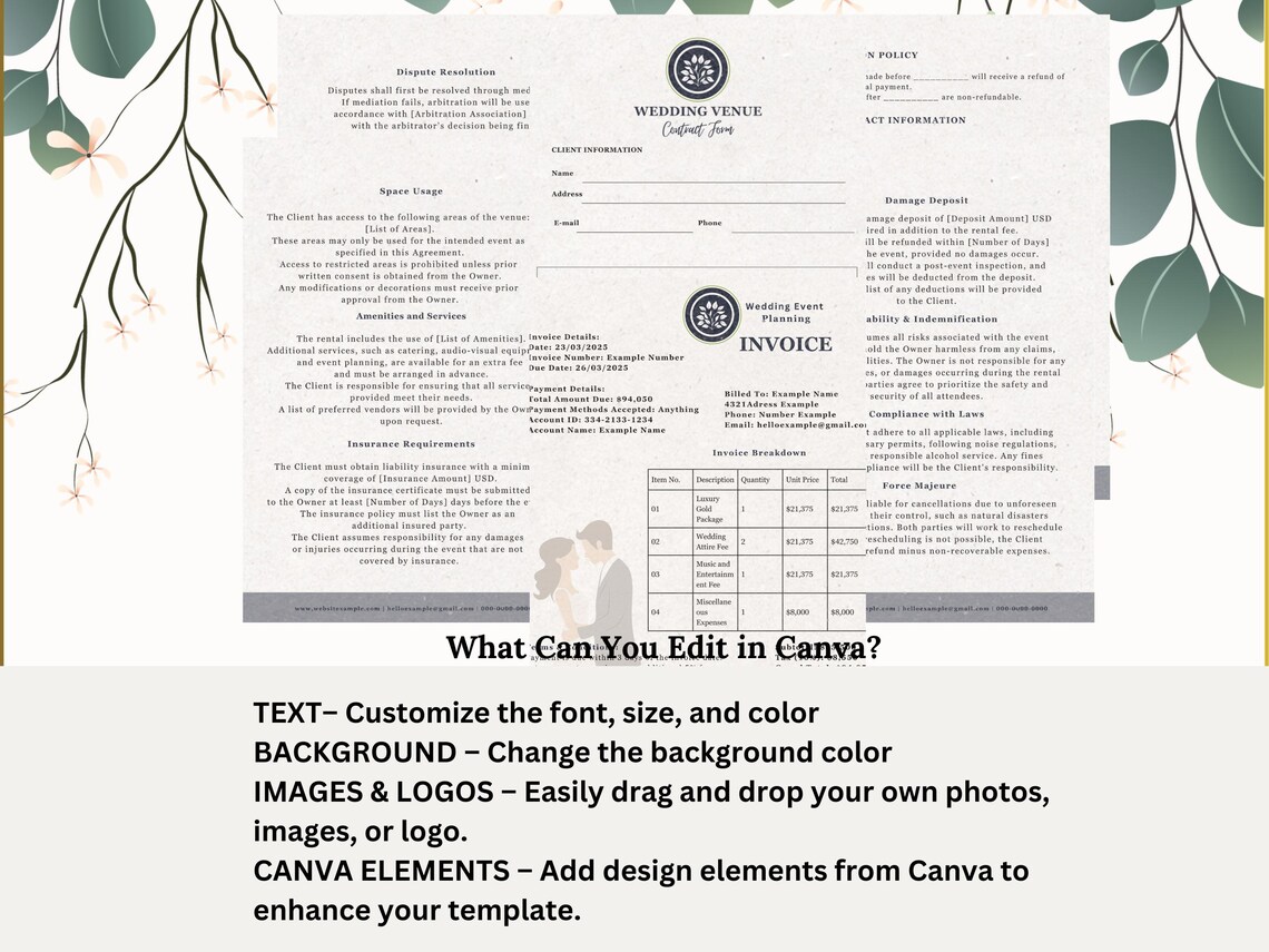 Venue Rental Form Printable Wedding Venue Contract Template Event ...