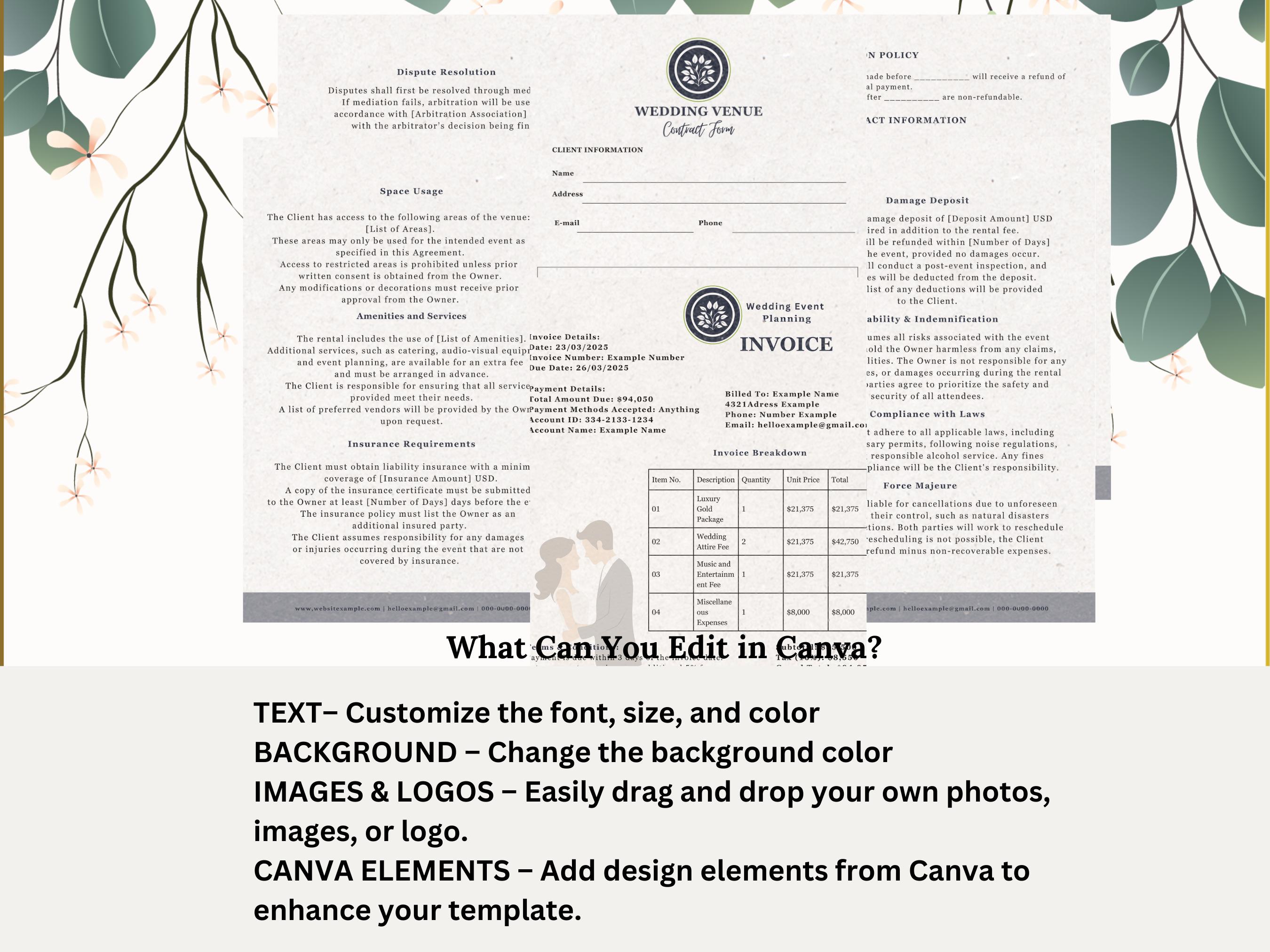 Venue Rental Form Printable Wedding Venue Contract Template Event ...